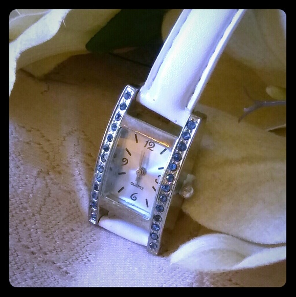 Haband | Accessories | Vintage White Band Wblue Rhinestone Bezel Watch ...